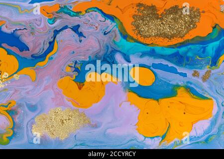 Blue and orange marbling liquid background. Fluid art abstract texture ...