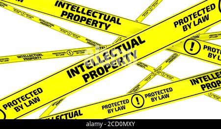 Intellectual property. Yellow warning tapes with text INTELLECTUAL ...
