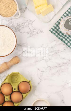 Background with ingredients for cooking, baking, flat lay, top view ...