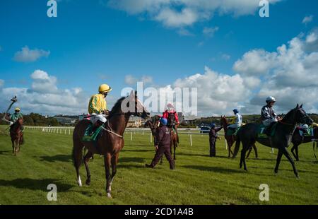 Listowel, Ireland, 6th September 2019: Race horses and jockeys waiting ...