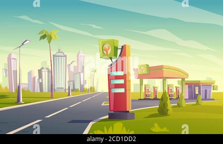 Vector illustration of a car filling station with a shop. Cars at the ...