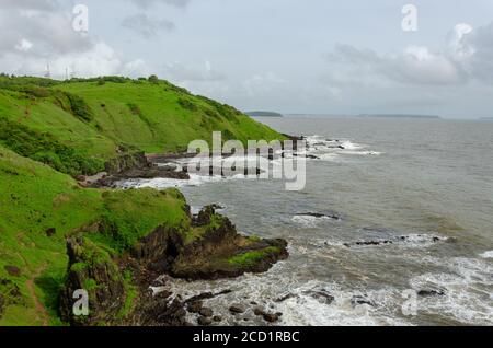 Monsoon Season view of the rough Arabian Sea and Rocky Shoreline near ...