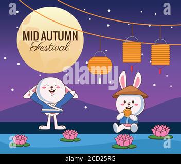 couple of rabbits celebrate mid autumn festival in one line drawing ...