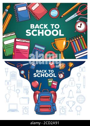 schoolbag with books and chalkboard supplies Stock Vector Image & Art ...
