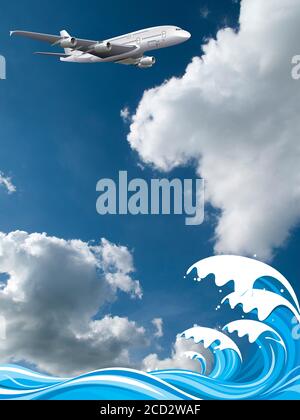 Passenger plane flying over ocean waves set against a dramatic ...