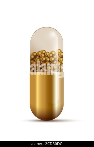 Golden medical capsule isolated on transparent background. Vector ...