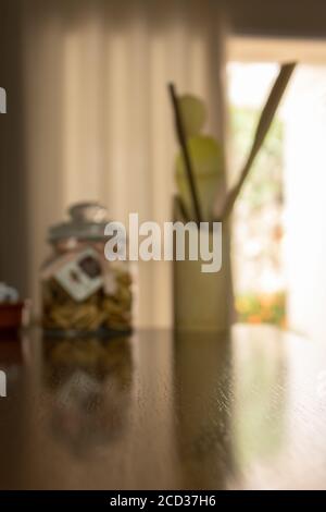Table board and defocused modern kitchen background Stock Photo - Alamy