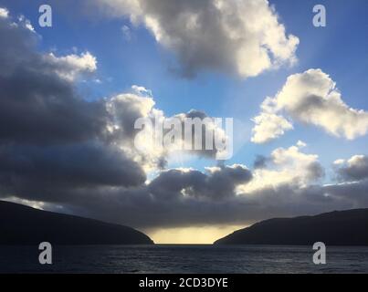 Carnley harbour in the Auckland Islands, New Zealand. Hillside covered ...