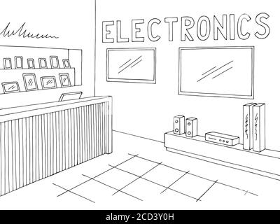 Electronics store interior graphic black white sketch illustration ...