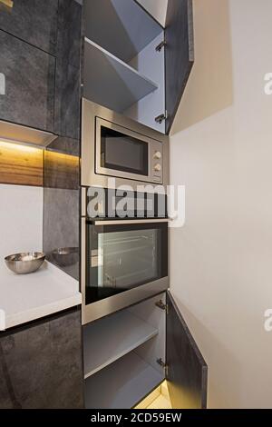Interior of light kitchen with modern cupboards and appliances located ...