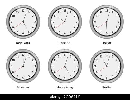 World clocks for time zones of different cities vector set. Travel to ...