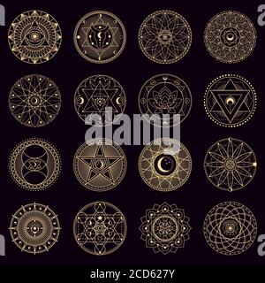 Golden mystery, witchcraft, occult, alchemy, mystical esoteric symbols ...
