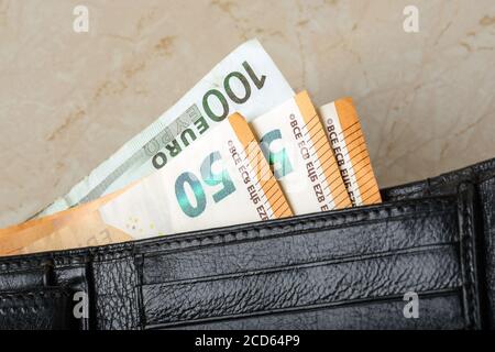 Euro Banknotes in Black Leather Wallet Close Up Personal Finance ...