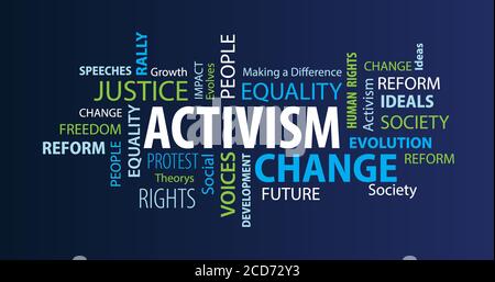 Illustration of words related to activism in different sizes isolated ...