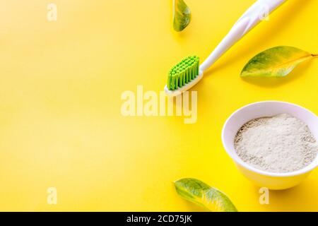 Herbal dental tooth powder with toothbrush. Health care and hygiene ...
