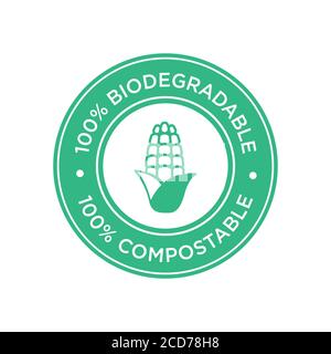 100% Biodegradable, 100% compostable icon, sign, logo set. Six green ...