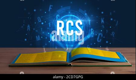 RCS inscription coming out from an open book, digital technology ...