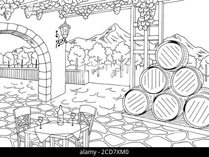 Vineyard coloring graphic black white landscape sketch illustration ...