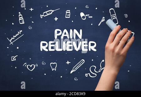 Hand drawing PAIN RELIEVER inscription with white chalk on blackboard ...
