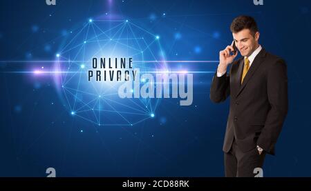Businessman thinking about security solutions with ONLINE PRIVACY ...