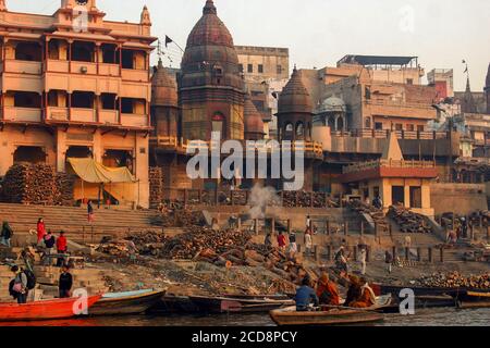 Funeral Pyres burn day and night at Manikarnika Cremation Ghat on the ...