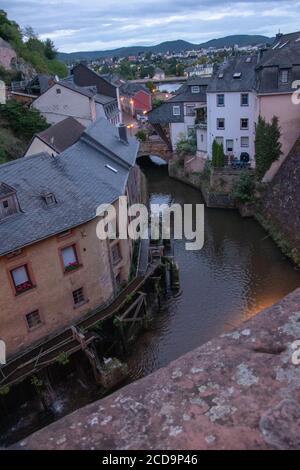 City view of the german city Saarburg with river called Saar and old ...