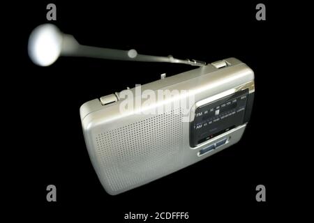 Retro radio silver chrome with antenna on white background. Vertical ...