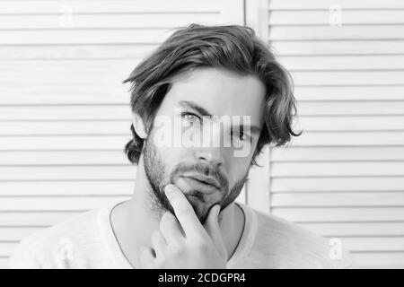 Macho with fair beard, serious face and short hair. Guy with messy wet ...
