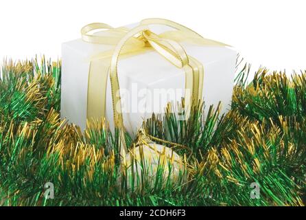 Gift box tied with beautiful green ribbon on white background Stock ...