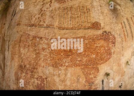 Panther Cave Pictograph Site, at rockshelter, limestone cliffs, distant ...