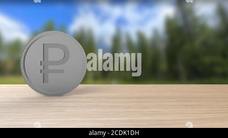 Gray ruble coin Isolated over forest trees blur. 3d render isolated ...