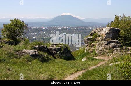 Landscape of Pyatigorsk, view of city on Beshtau Mount background ...