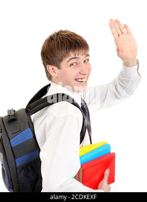 Happy Student with Knapsack wave goodbye Isolated on the White ...