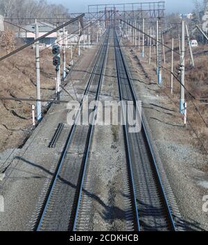 Railroad metal track with track bed Stock Photo - Alamy