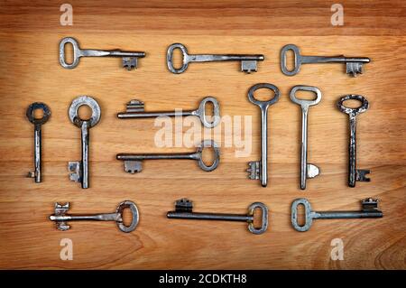 Set of antique, old fashioned keys or jailers keys on white background ...
