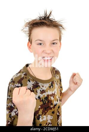 Angry child with fist gesture fight, hit on studio isolated background ...