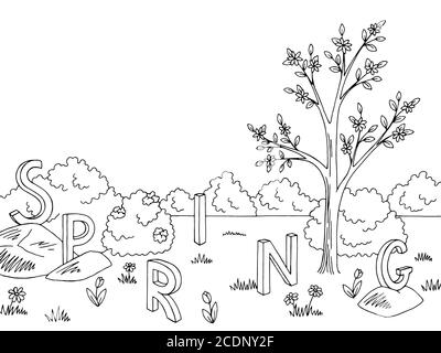 Spring graphic black white landscape tree sketch illustration vector ...