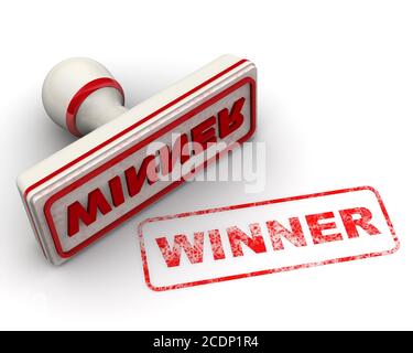 win on red rubber stamp over a white background Stock Photo - Alamy