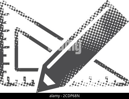 Pencil and ruler icon in halftone style. Grunge background vector ...