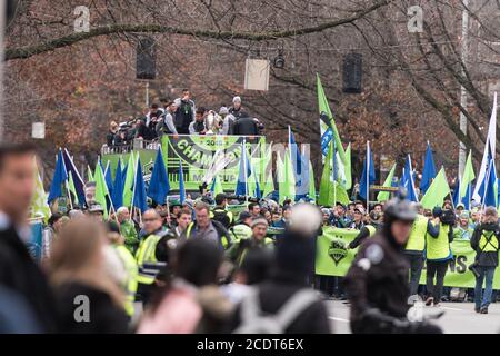 Seattle, USA - Nov 12, 2019: The championship sounders parade mid day ...