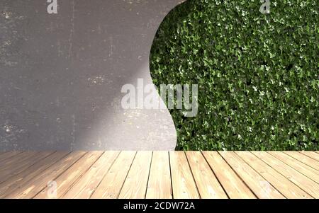 Concrete wall with green leafs in modern interior. 3D illustration ...
