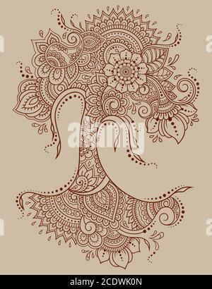 Mehndi flower pattern in form of tree for Henna drawing and tattoo ...