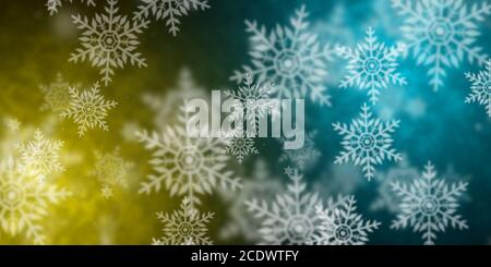 Flying snowflakes over yellow and light blue background Stock Photo - Alamy
