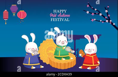 rabbits cartoons in traditional cloth with lantern and mooncake design, Happy mid autumn harvest ...