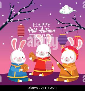 rabbits cartoons in traditional cloth with lantern and mooncake design, Happy mid autumn harvest ...