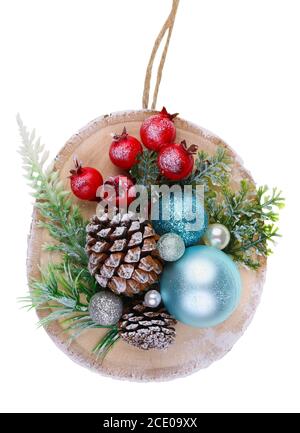 Christmas tree with red toy balls on a light blue background with bokeh ...