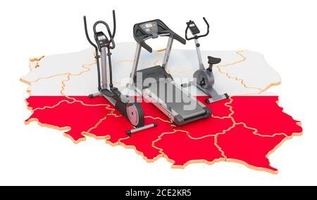Fitness in Poland. Gym equipments on Polish map. 3D rendering isolated ...