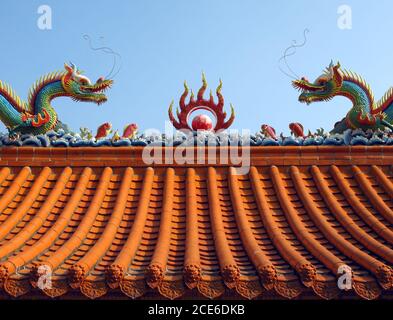 Chinese temple roof ridge decorated with mythological beasts Stock ...