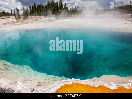 A natural view of the steaming hot spring in Yellowstone Park, United ...