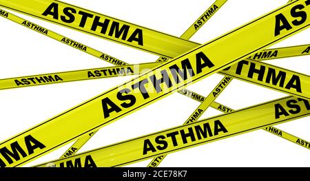 Asthma. Yellow warning tapes with black words ASTHMA (disease of the ...